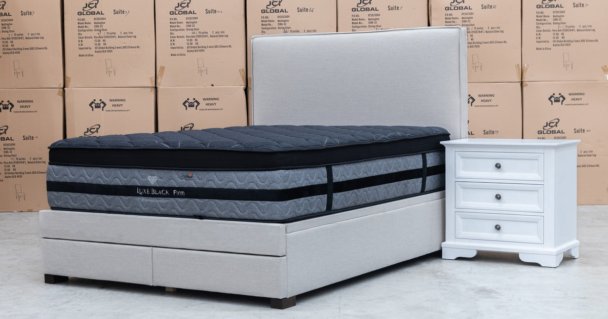 Hayman Gas Lift & Drawer Storage Queen Bed - Oat White | Warehouse ...