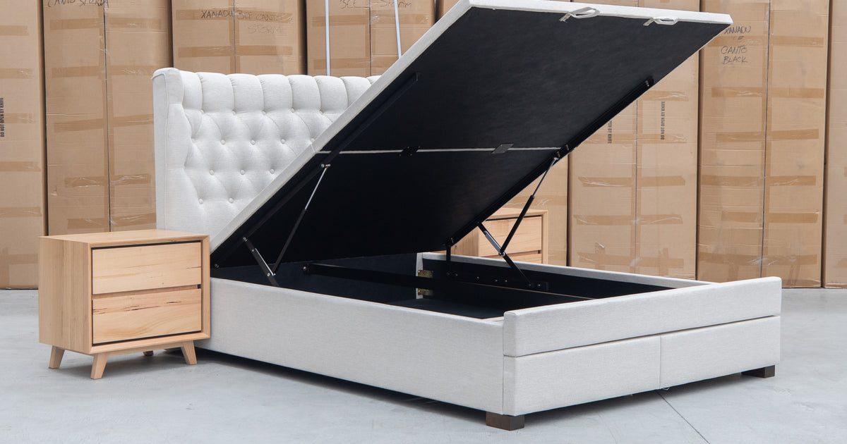 Blake King Upholstered Gas Lift Storage Bed - Oat White– Warehouse ...