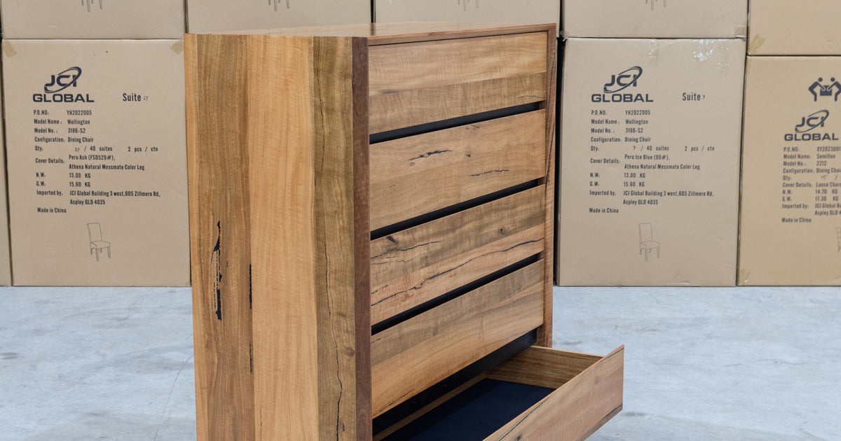 Polo Marri Hardwood Timber Five Drawer Tallboy | Warehouse Furniture ...