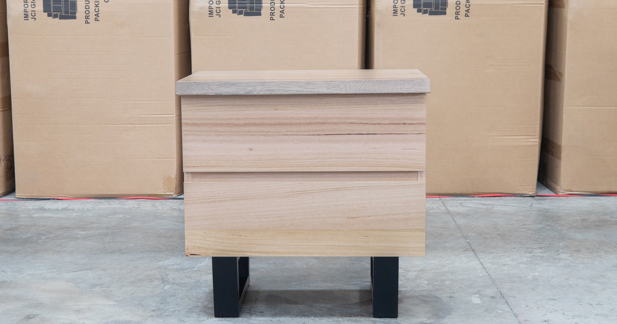 Monaco Two Drawer Live Edge Messmate Bedside | Warehouse Furniture ...
